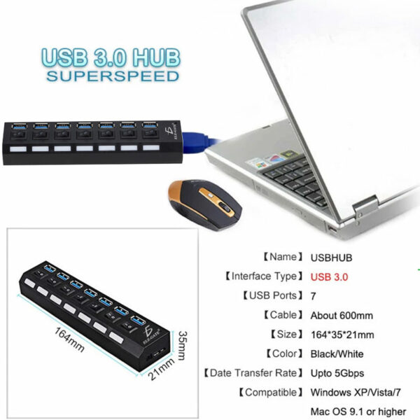 Hub Usb 3.0 Alta Velocidad 7 Puertos Multipuerto Switch Led - ELE-GATE