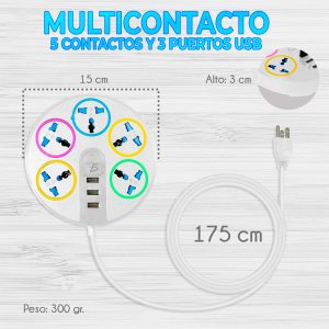 Multicontacto Circular Multiusos 5 Contactos + 3 Puertos Usb - ELE-GATE