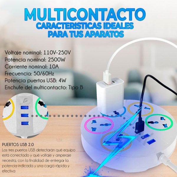 Multicontacto Circular Multiusos 5 Contactos + 3 Puertos Usb - ELE-GATE