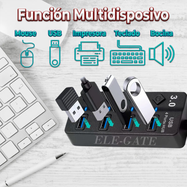 Hub USB 3.0 4 Puertos | 5 Gbps y Control Independiente – ELE-GATE